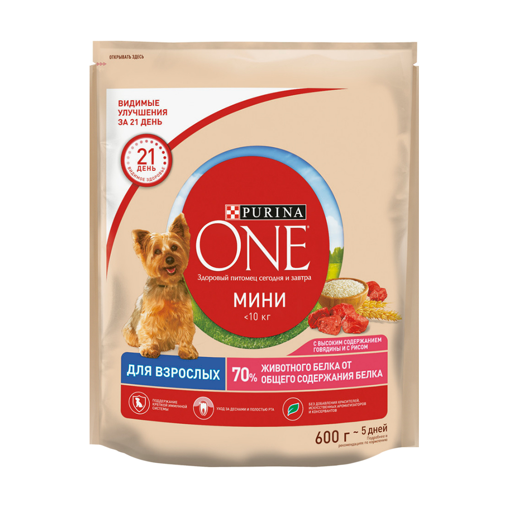 Сухой корм для взрослых собак, Purina One, говядина с рисом, 600 г ...