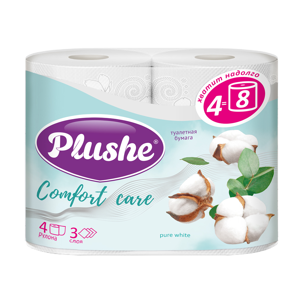 Туалетная бумага "Comfort Care", Plushe, 3 слоя, 4 рулона - купить в ...